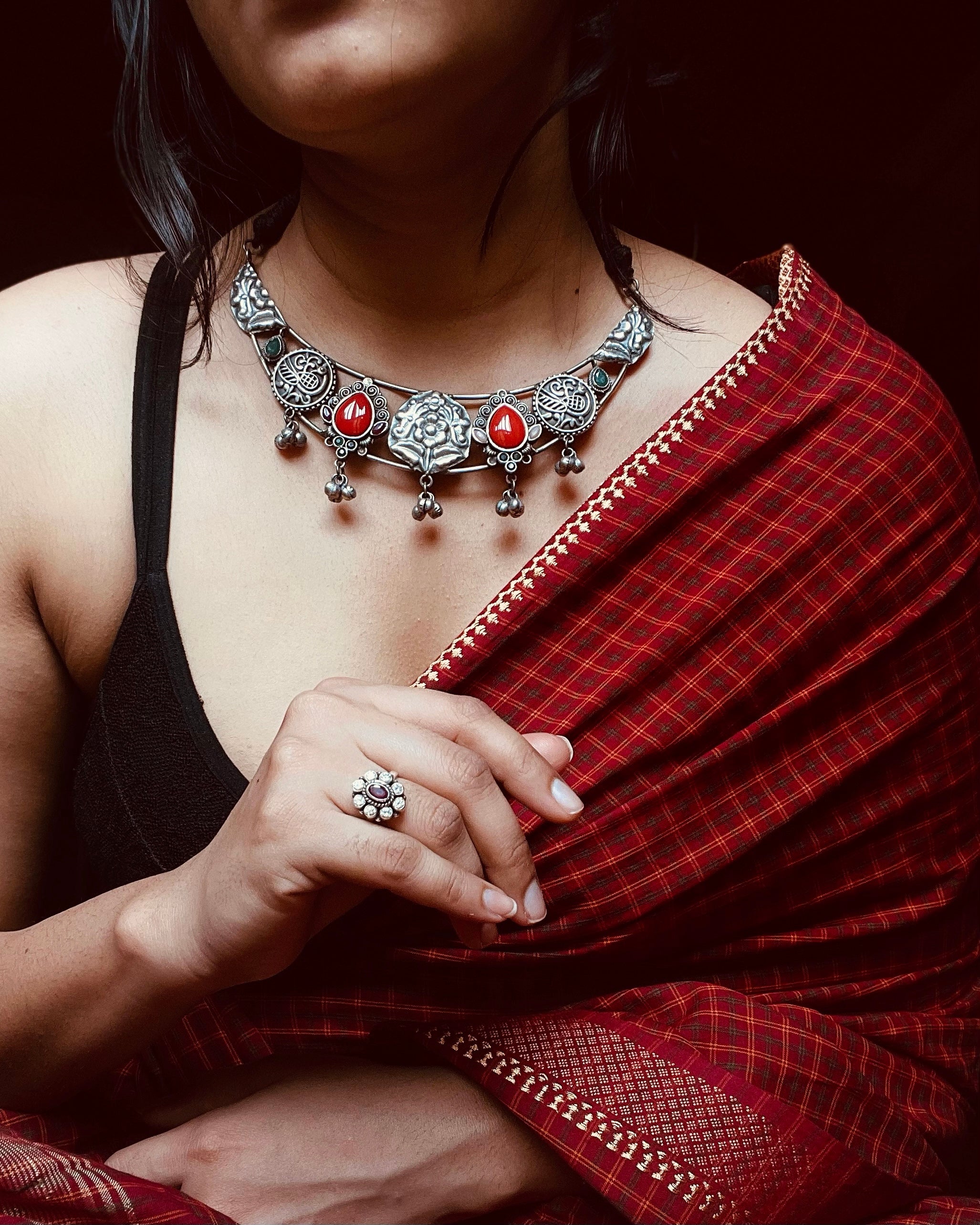 Ruby Mirage | Silver Plated Fusion Handcrafted Statement Necklace – houseofpallikkara